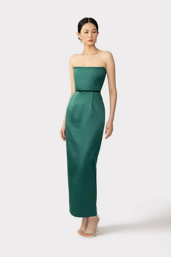 SAU LEE Taylor Satin Strapless Maxi Dress With Bow Detail