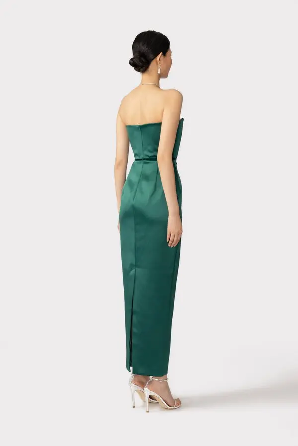 SAU LEE Taylor Satin Strapless Maxi Dress With Bow Detail
