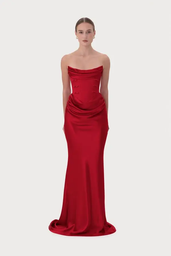 SAU LEE Margot Satin Gown With Draped Bust And Hand-tied Pipa Knot Details