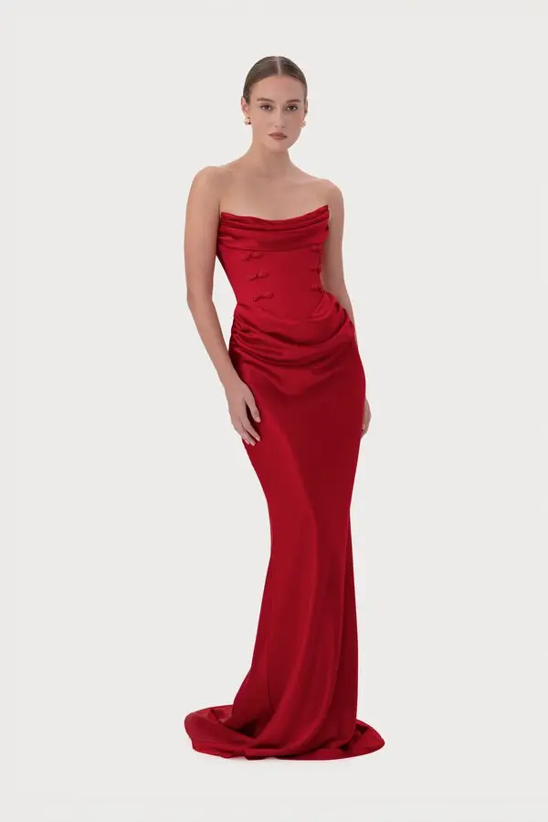 SAU LEE Margot Satin Gown With Draped Bust And Hand-tied Pipa Knot Details