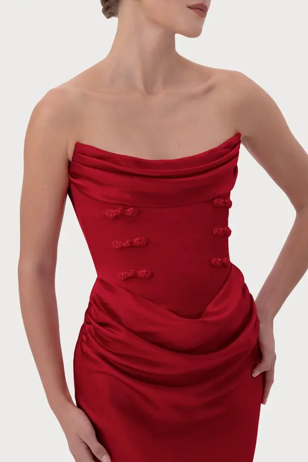 SAU LEE Margot Satin Gown With Draped Bust And Hand-tied Pipa Knot Details