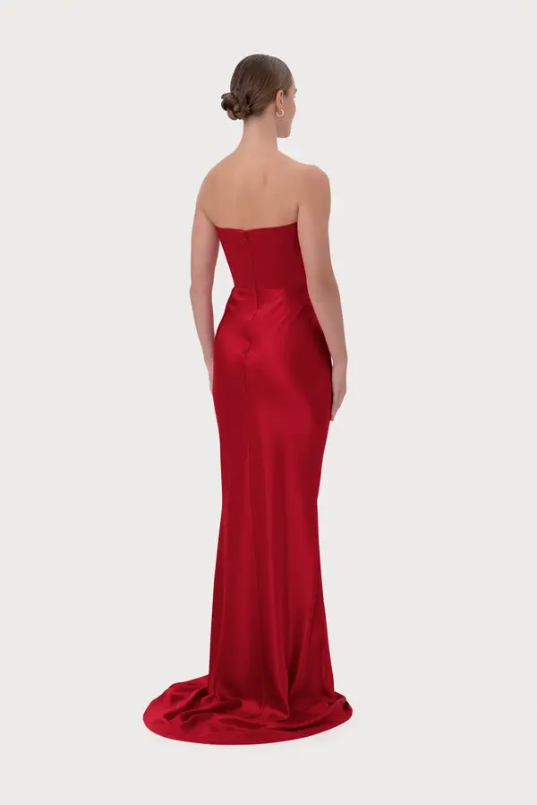 SAU LEE Margot Satin Gown With Draped Bust And Hand-tied Pipa Knot Details