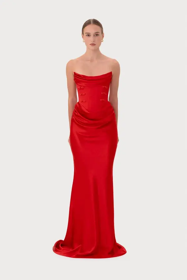SAU LEE Margot Satin Gown With Draped Bust And Hand-tied Pipa Knot Details - Red