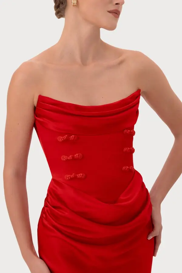 SAU LEE Margot Satin Gown With Draped Bust And Hand-tied Pipa Knot Details