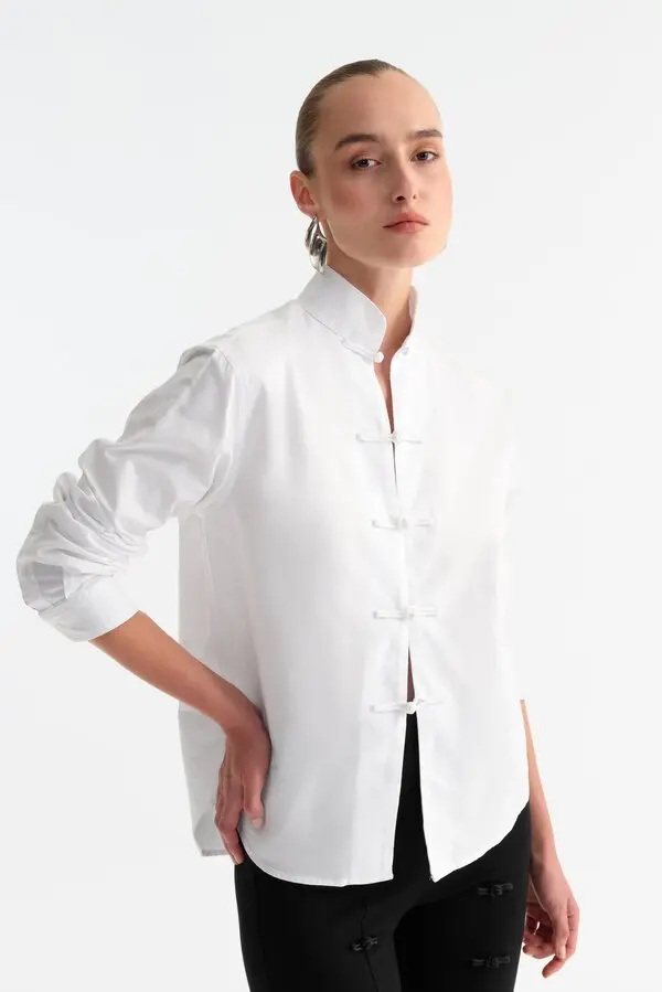 SAU LEE Harlow Mandarin Collar Pankou Button Shirt