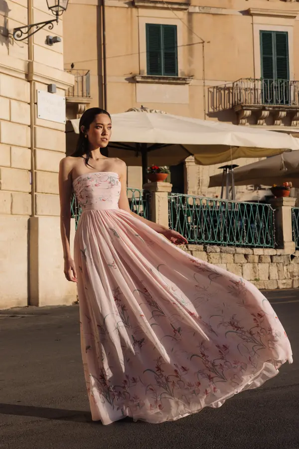 SAU LEE Camille Strapless Embroidered Chiffon Maxi Dress - Pink Multi
