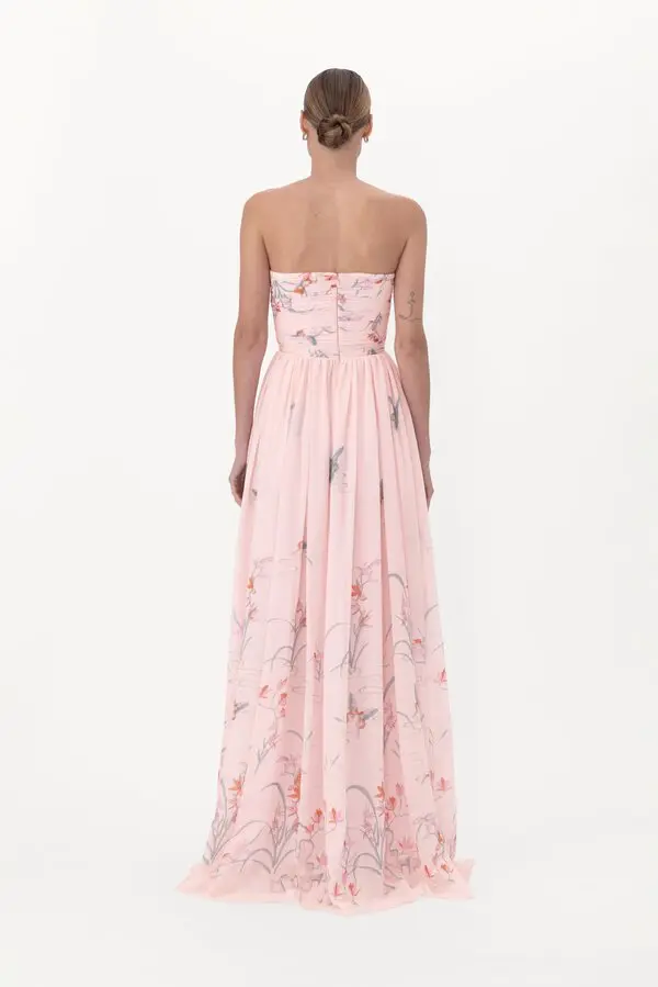 SAU LEE Camille Strapless Embroidered Chiffon Maxi Dress - Pink Multi