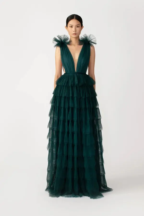SAU LEE Sabrina Tulle Gown - Emerald