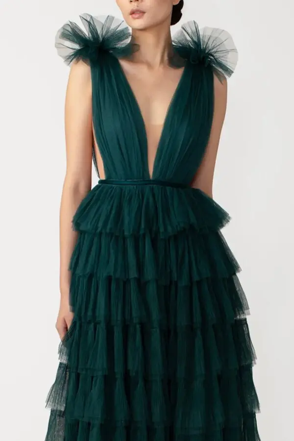 SAU LEE Sabrina Tulle Gown - Emerald