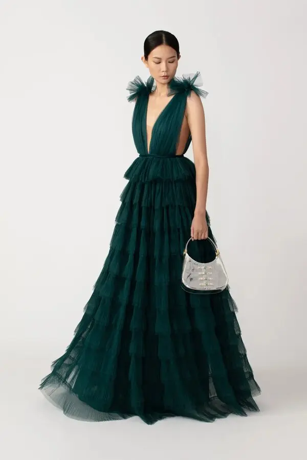 SAU LEE Sabrina Tulle Gown - Emerald