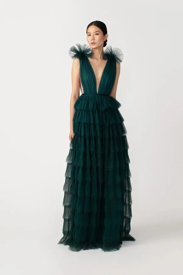 SAU LEE Sabrina Tulle Gown - Emerald