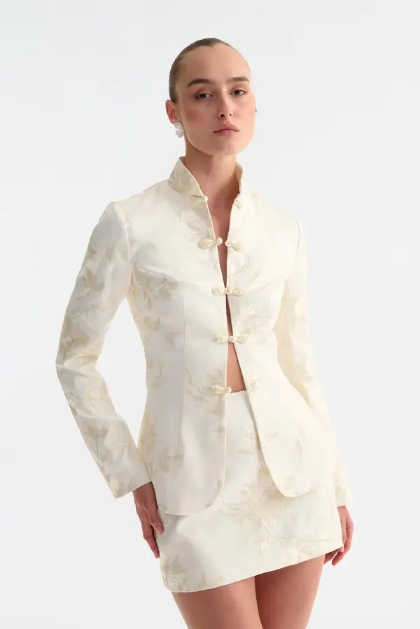 SAU LEE Roan Satin Tang Blazer With Mandarin Collar
