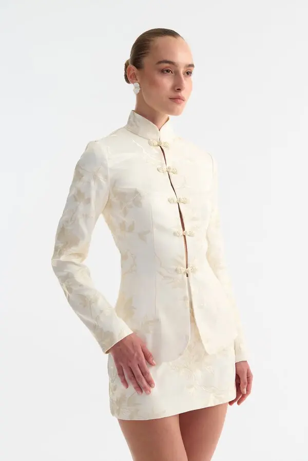 SAU LEE Roan Satin Tang Blazer With Mandarin Collar