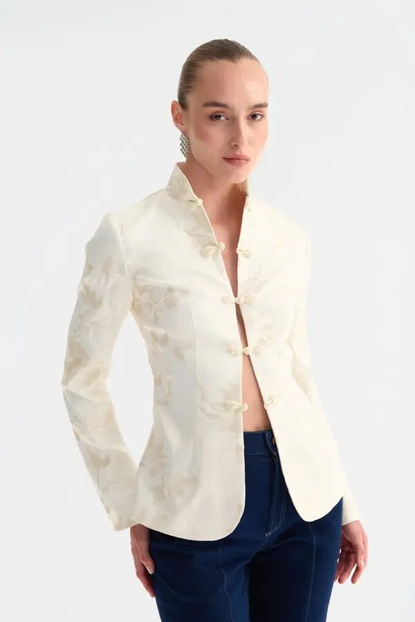 SAU LEE Roan Satin Tang Blazer With Mandarin Collar