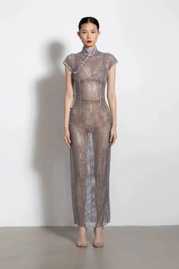 SAU LEE Ann Crystal Embellished Maxi Dress With Mandarin Collar