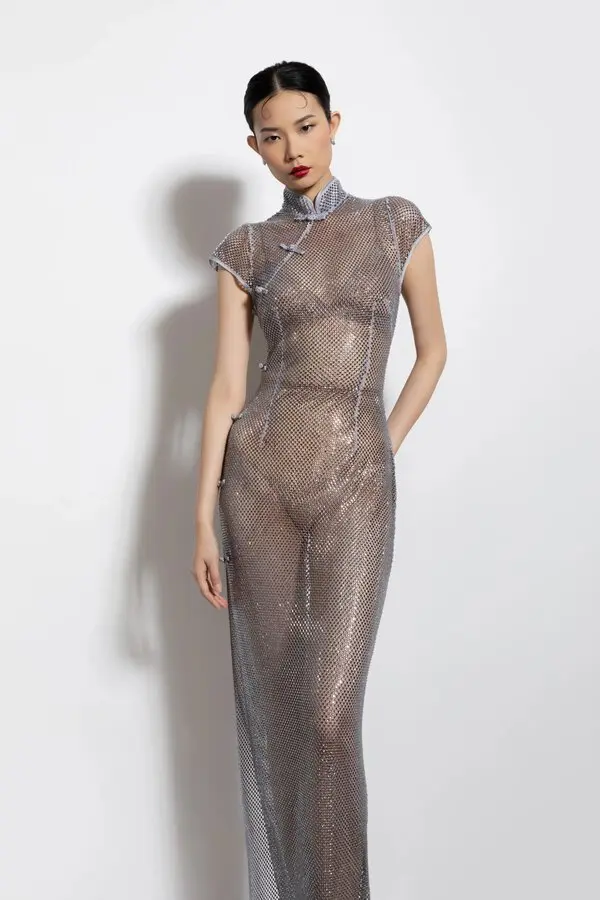SAU LEE Ann Crystal Embellished Maxi Dress With Mandarin Collar