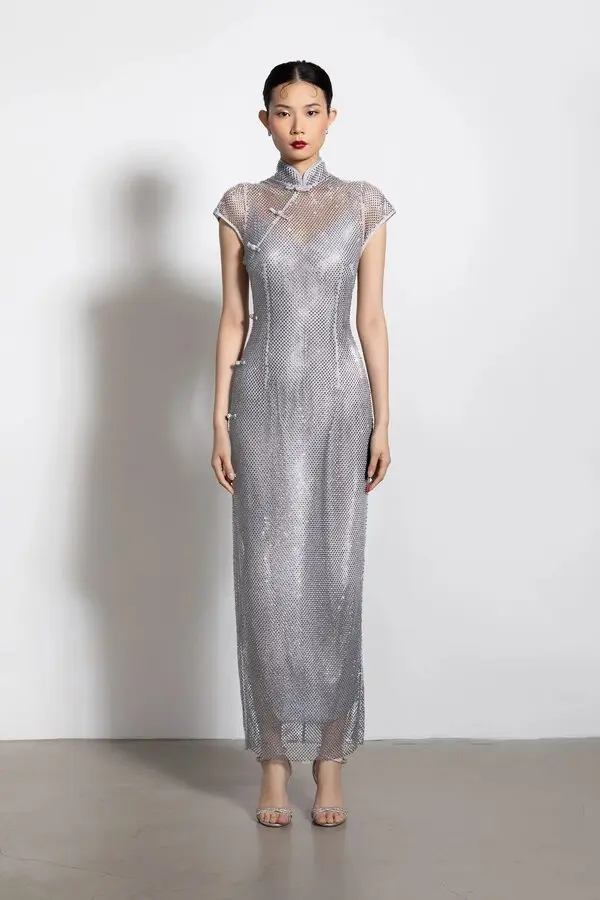 SAU LEE Ann Crystal Embellished Maxi Dress With Mandarin Collar