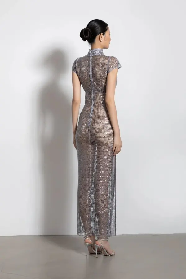 SAU LEE Ann Crystal Embellished Maxi Dress With Mandarin Collar