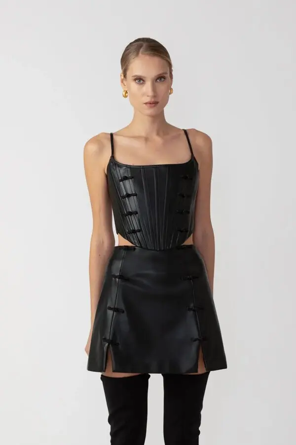SAU LEE Nadia Faux Leather Corset Top