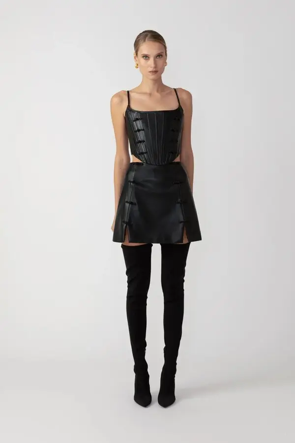 SAU LEE Nadia Faux Leather Corset Top