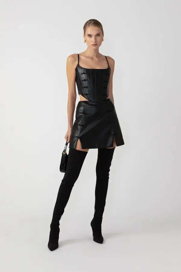SAU LEE Nadia Faux Leather Corset Top