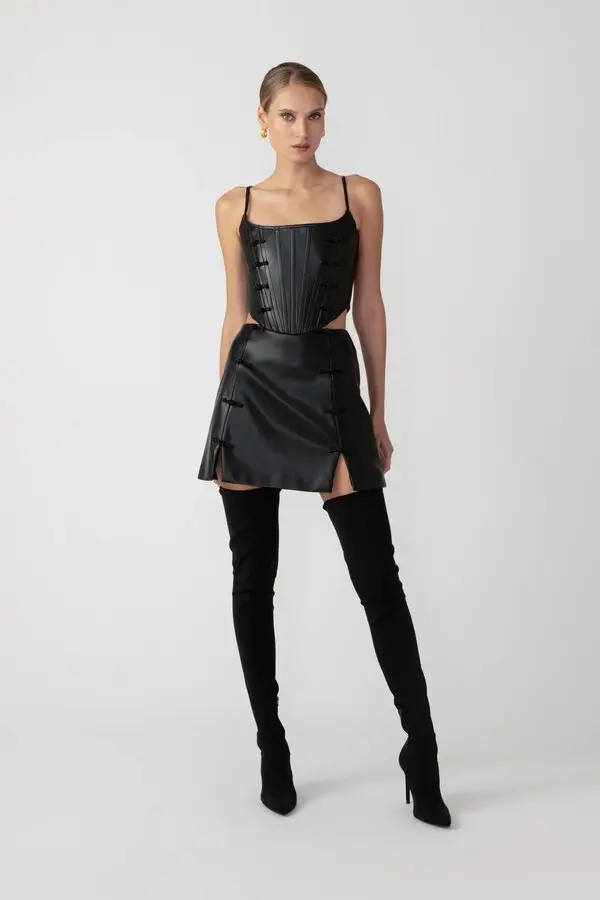 SAU LEE Sadie Faux Leather A-line Mini Skirt With Pankou Buttons