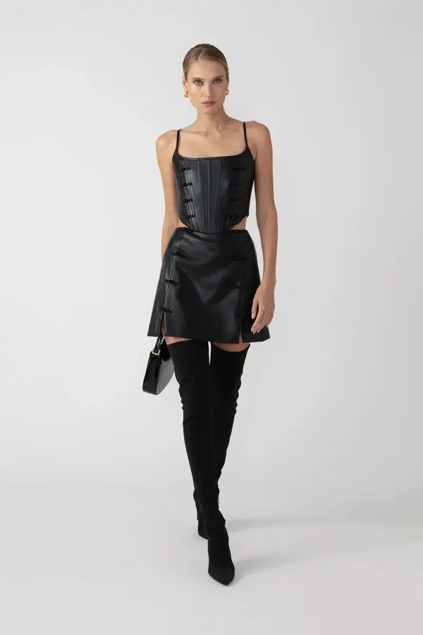 SAU LEE Sadie Faux Leather A-line Mini Skirt With Pankou Buttons