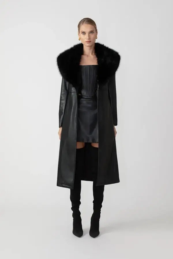 SAU LEE Simone Belted Faux Leather Overcoat With Detachable Faux Fur Shawl Collar