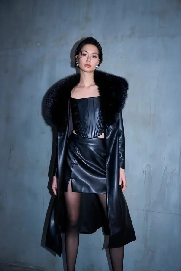 SAU LEE Simone Belted Faux Leather Overcoat With Detachable Faux Fur Shawl Collar