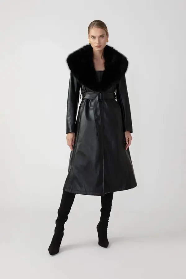 SAU LEE Simone Belted Faux Leather Overcoat With Detachable Faux Fur Shawl Collar