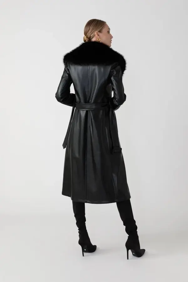SAU LEE Simone Belted Faux Leather Overcoat With Detachable Faux Fur Shawl Collar