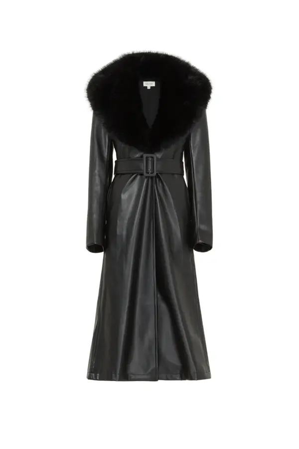 SAU LEE Simone Belted Faux Leather Overcoat With Detachable Faux Fur Shawl Collar