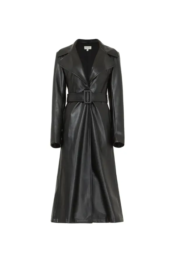 SAU LEE Simone Belted Faux Leather Overcoat With Detachable Faux Fur Shawl Collar