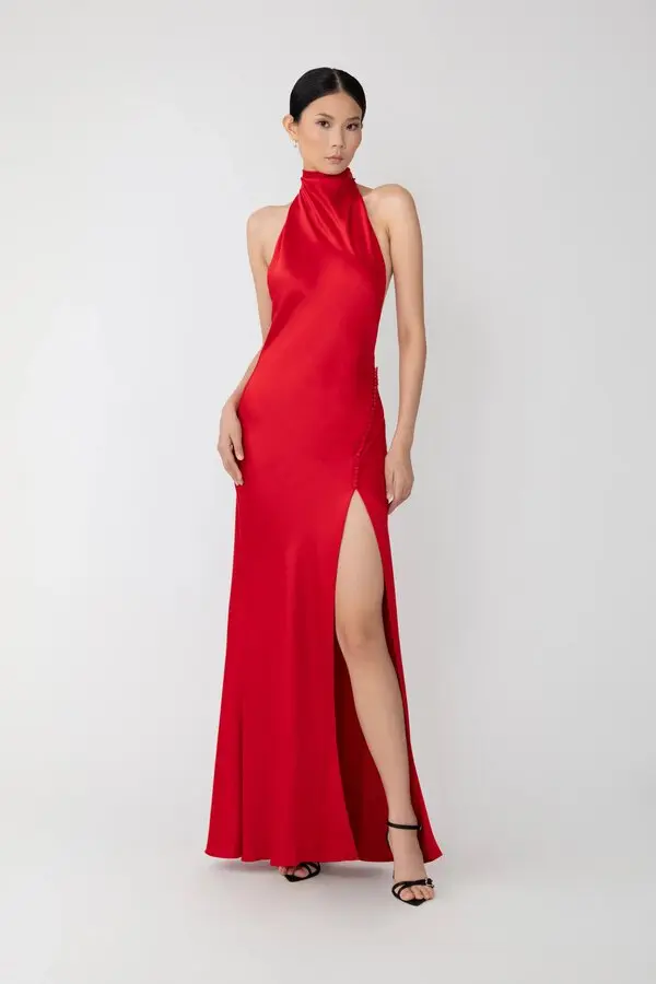 SAU LEE Penelope Backless Satin Gown - Red