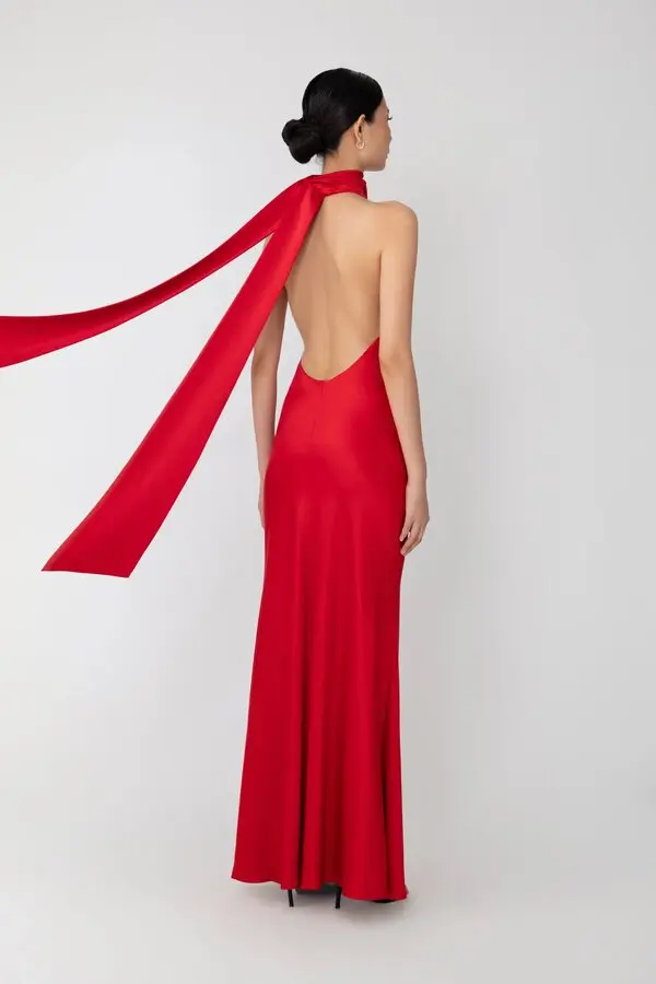 SAU LEE Penelope Backless Satin Gown - Red