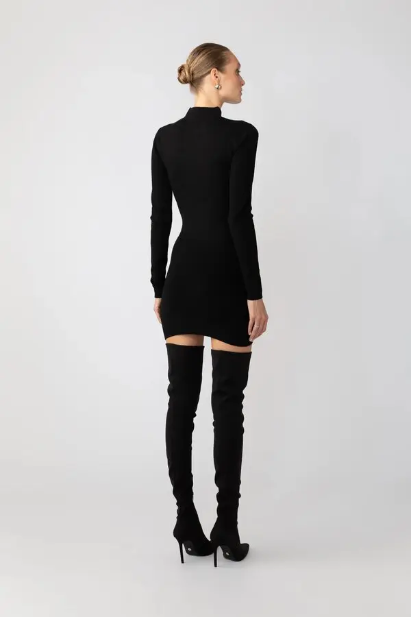 SAU LEE Dakota Knit Mini Dress With Mandarin Collar And Pipa Knot Buttons