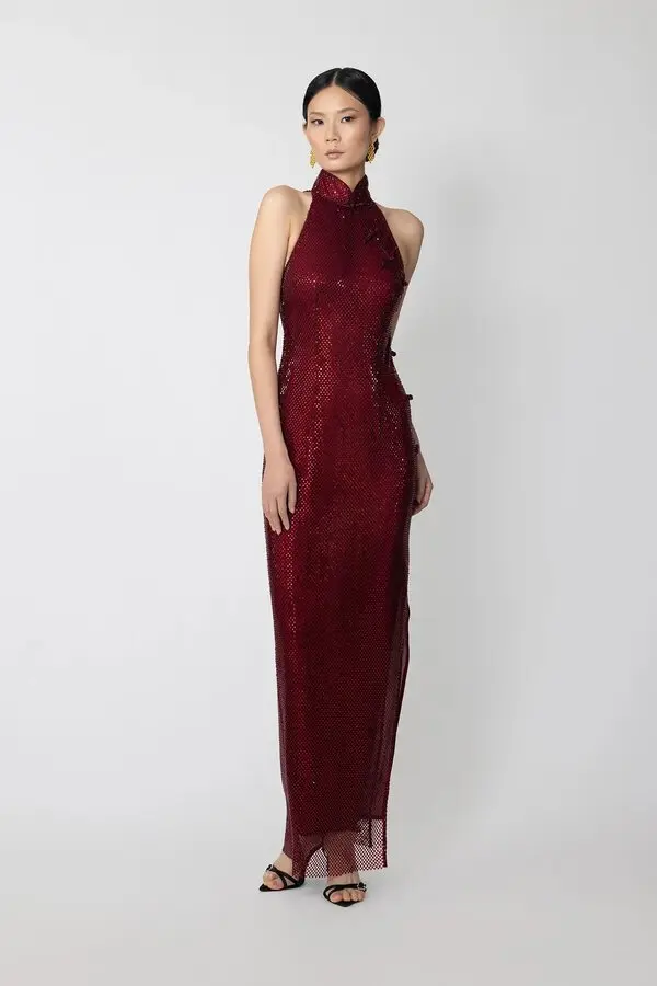 SAU LEE Shao Crystal Maxi Dress - Dark Cherry