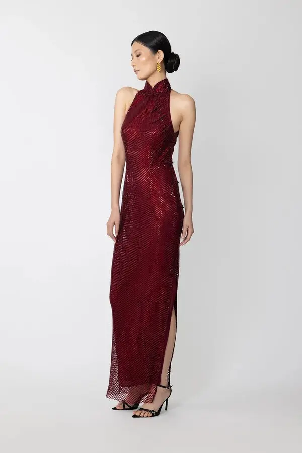 SAU LEE Shao Crystal Maxi Dress - Dark Cherry