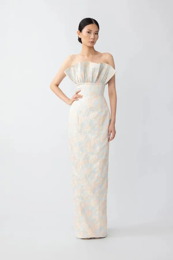 SAU LEE Noah Jacquard Strapless Gown - Blue Multi