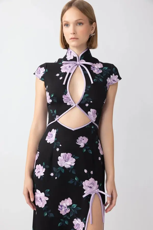 SAU LEE Beatrix Floral Print Crepe Cheongsam Maxi Dress