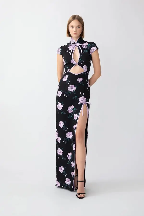 SAU LEE Beatrix Floral Print Crepe Cheongsam Maxi Dress
