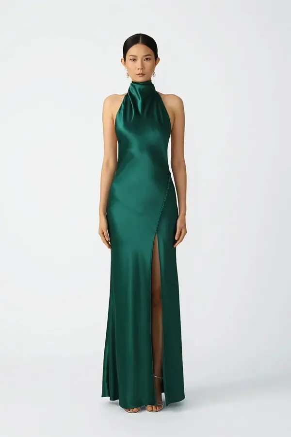 SAU LEE Penelope Backless Satin Gown - Emerald