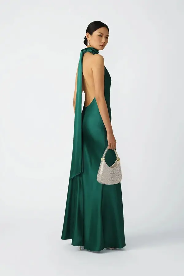 SAU LEE Penelope Backless Satin Gown - Emerald