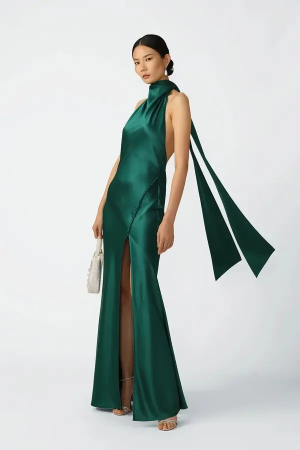 sau lee penelope velvet halter maxi dress Sau Lee Penelope High-Neck Backless Satin Gown