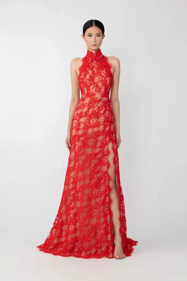 SAU LEE Reese Lace Gown - Red
