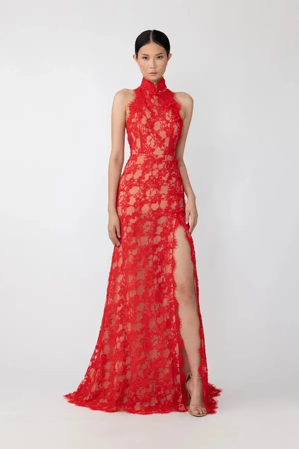 SAU LEE Reese Lace Gown - Red
