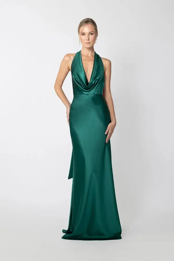 SAU LEE Halter Neck Satin Gown With Drape Detail - Emerald