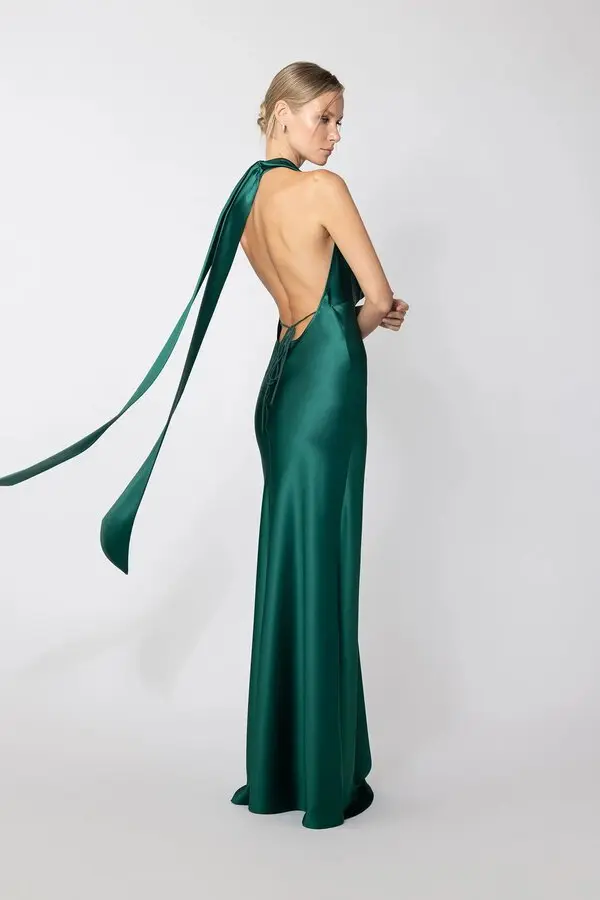 SAU LEE Halter Neck Satin Gown With Drape Detail - Emerald