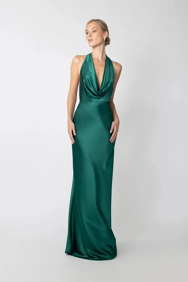 SAU LEE Halter Neck Satin Gown With Drape Detail - Emerald
