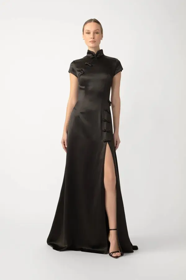 SAU LEE Pia Satin Gown With Mandarin Collar And Slit